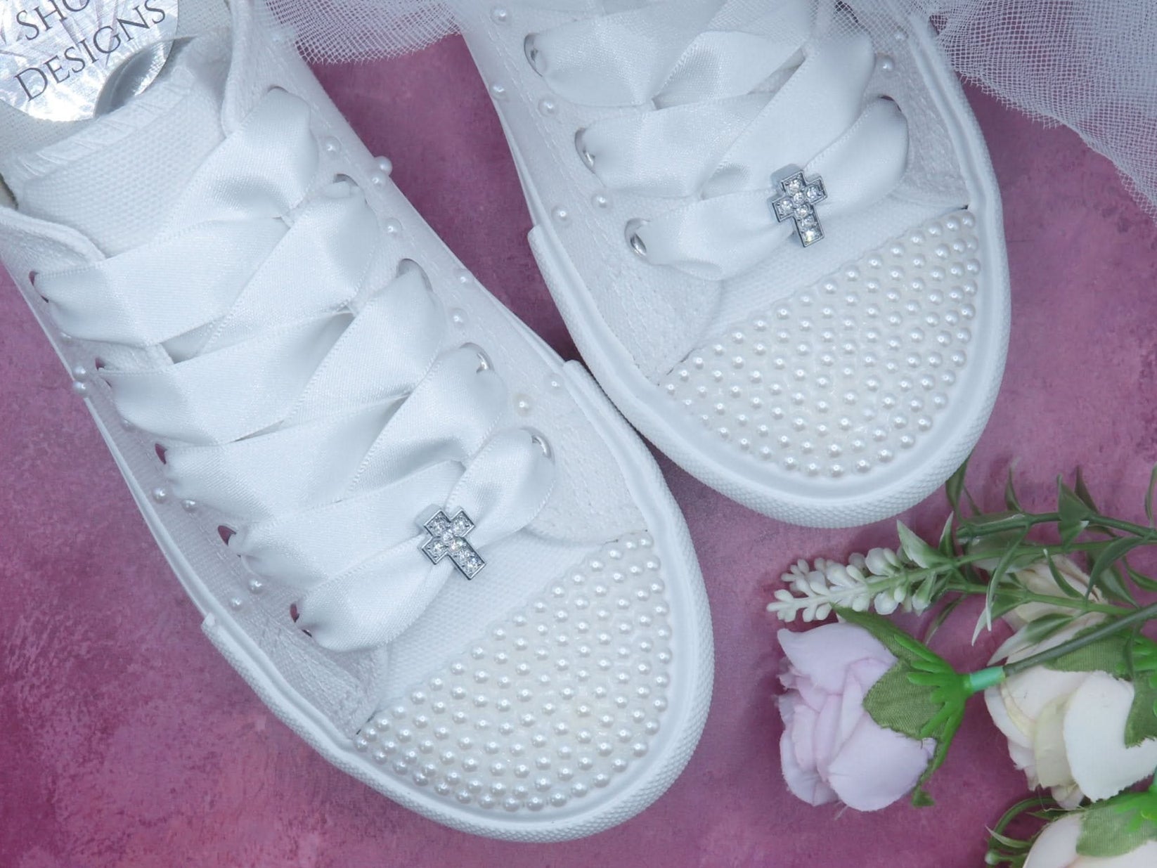 Holy Communion White Pearl Trainer Shoes - Crystal Shoe Designs